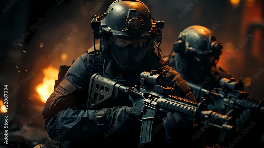 Special forces operators in full gear conducting a night-time operation ...