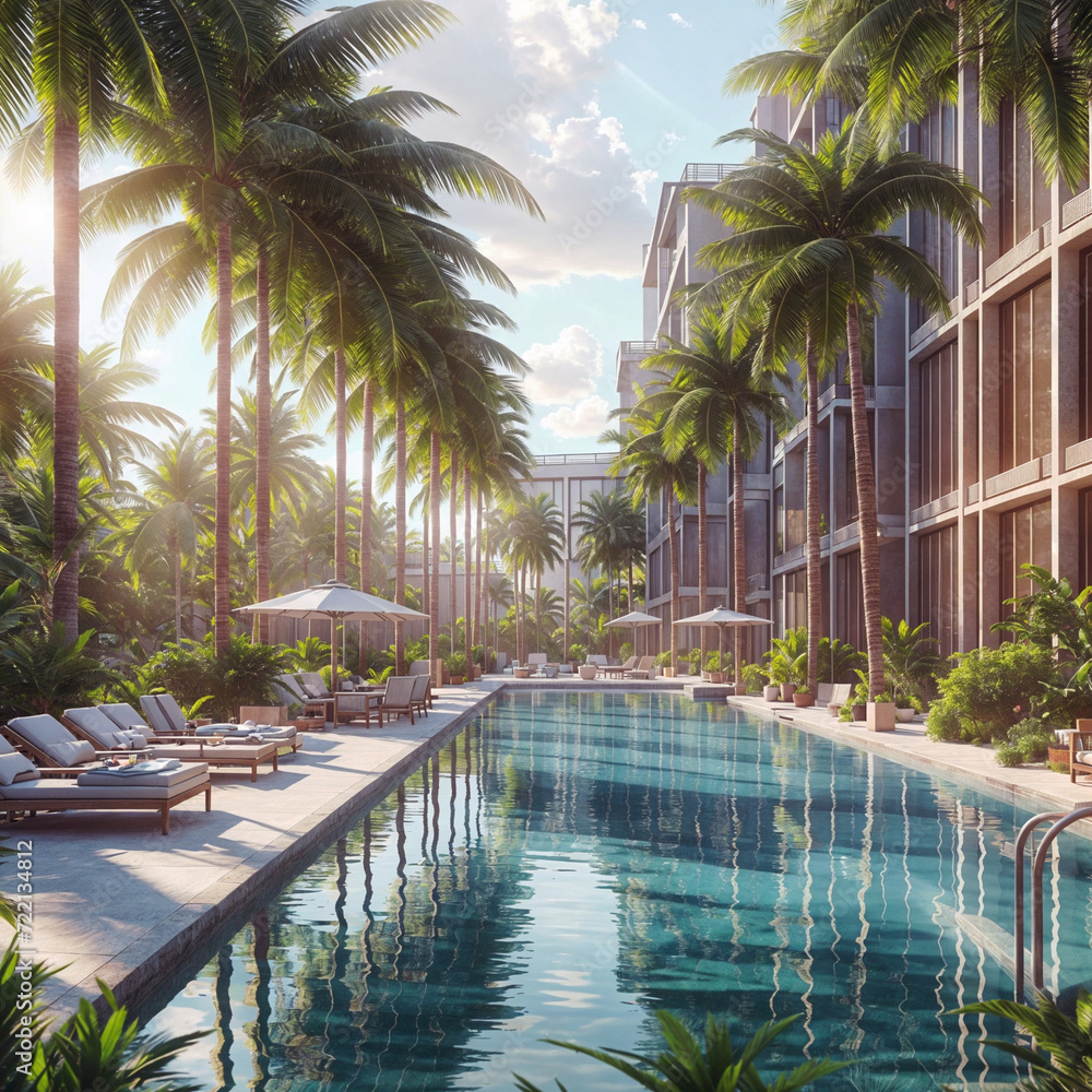 a pool surrounded by palm trees next to a building, a digital rendering ...