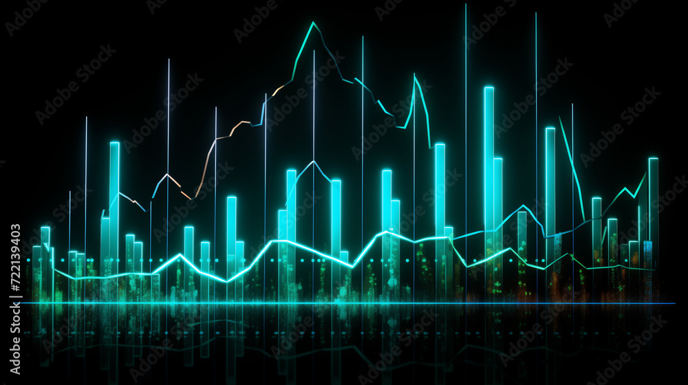 heart beat on monitor, Financial neon rising graph and chart with lines ...