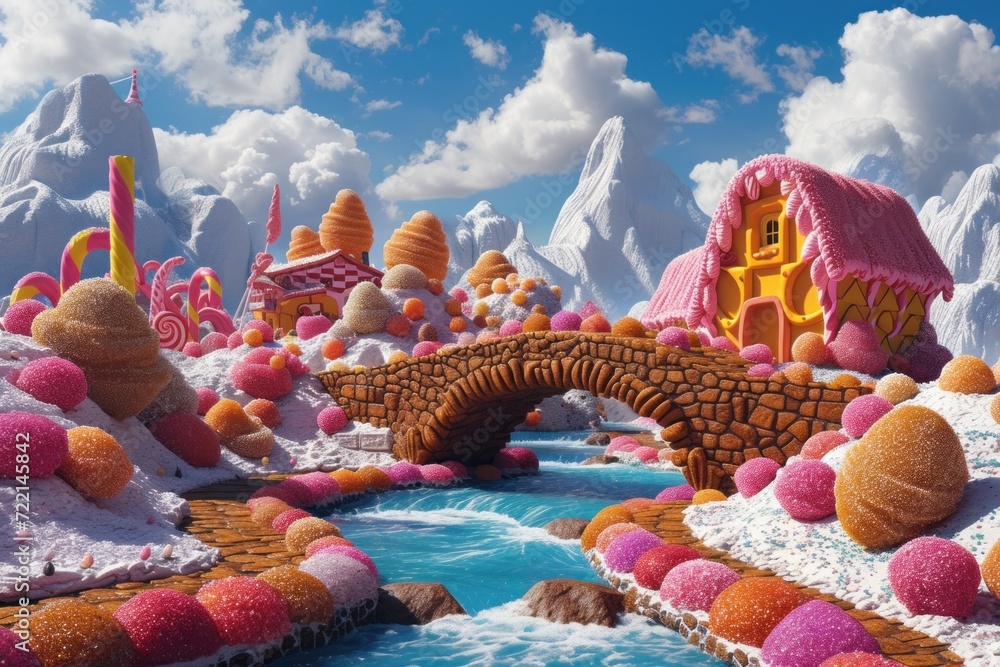 Banner with a valley of gingerbread houses, candy mountains, and ...