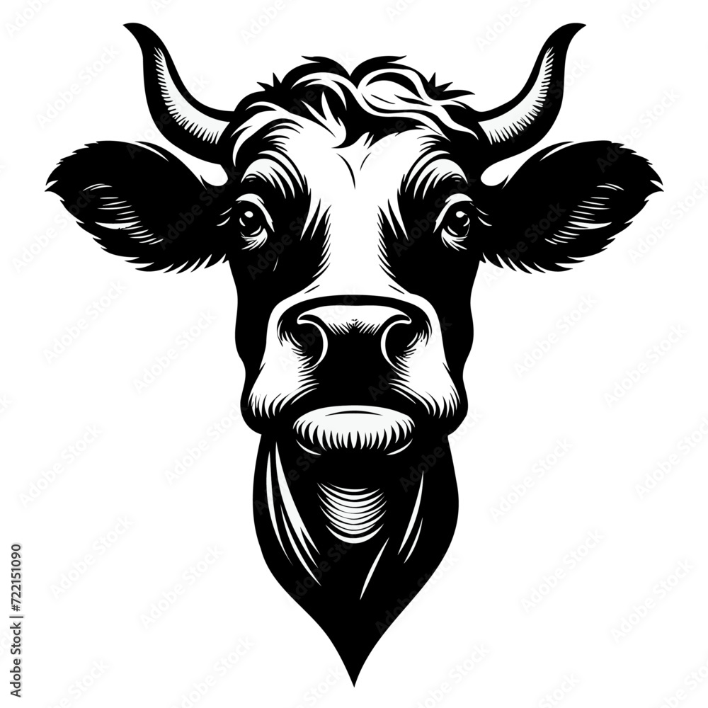 Striking black and white illustration of a cow's head, artfully ...