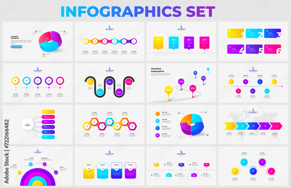 Collection of infographic presentation slides with timelines, 3D pie ...