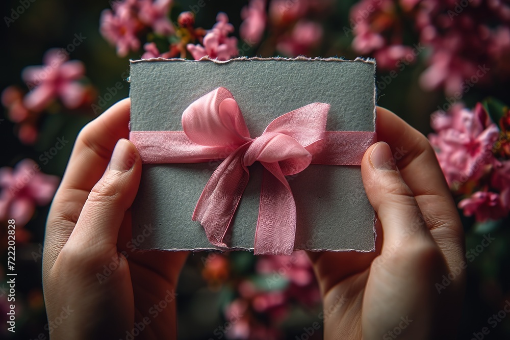 Zoom in on a hand tying a pink ribbon around a blank card in a ...