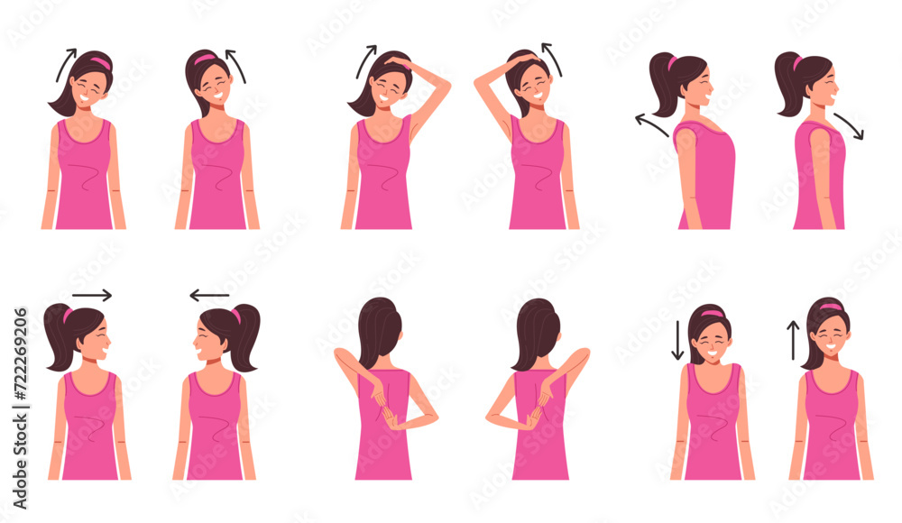 Neck shoulder spine exercise isolated set. Vector flat cartoon graphic ...
