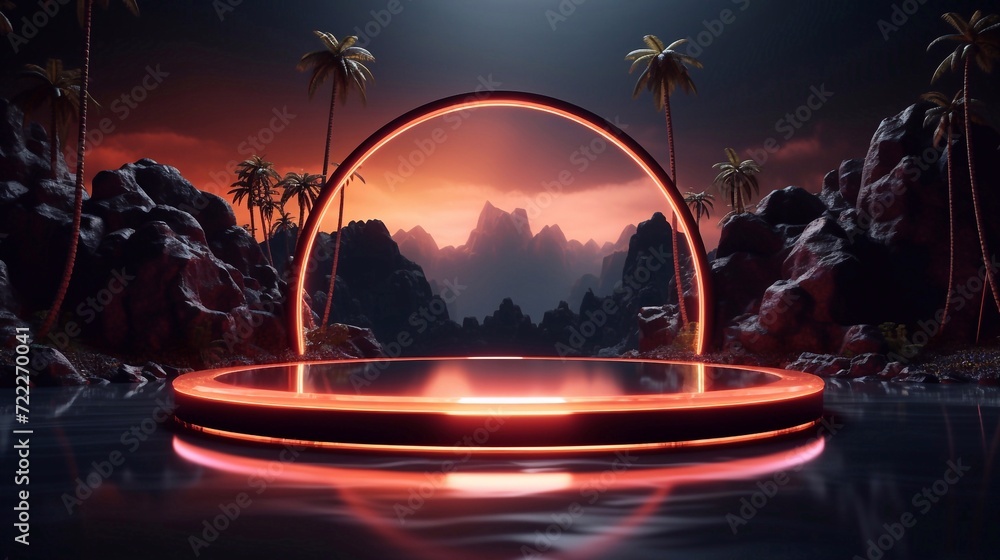 3d render neon glassmorphism and glow arch frame and Empty podium ...