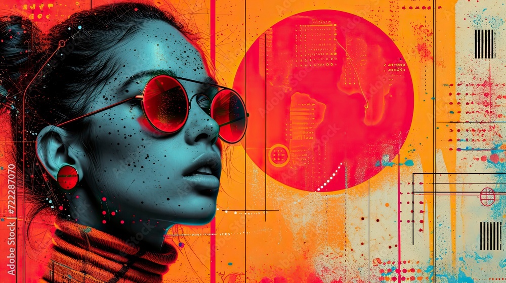The face of an early 2000s woman, bold colors, digital elements and ...