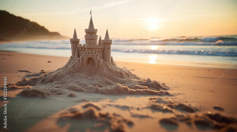 Sand castle on the beach, intricate sand structure, concept for higher ...