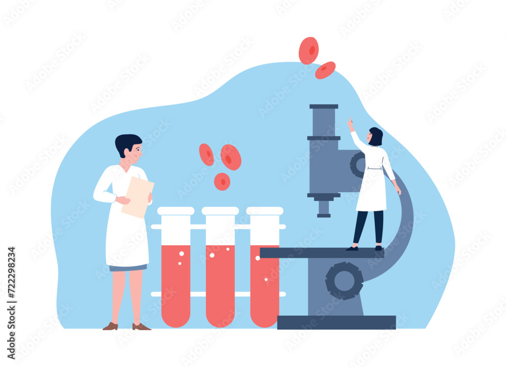 Laboratory tests of red blood cells. Women scientists and lab equipment ...