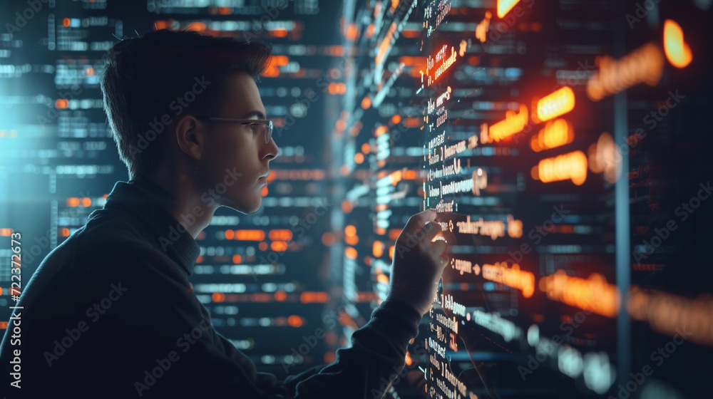 A programmer brainstorming ideas on a transparent digital screen, surrounded by floating code ...