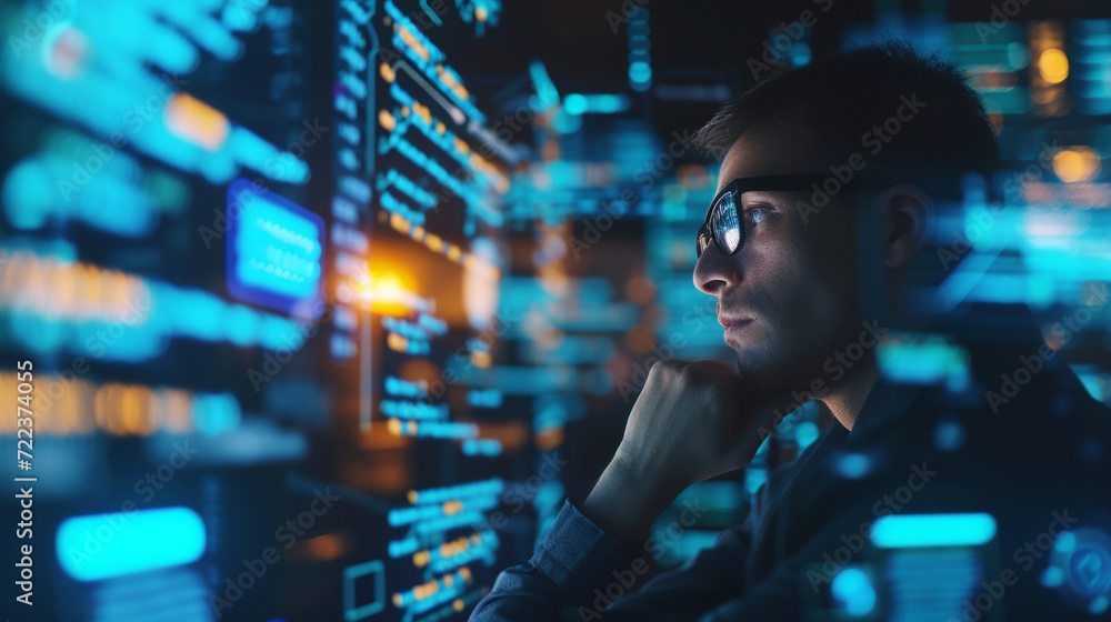 A programmer brainstorming ideas on a transparent digital screen, surrounded by floating code ...