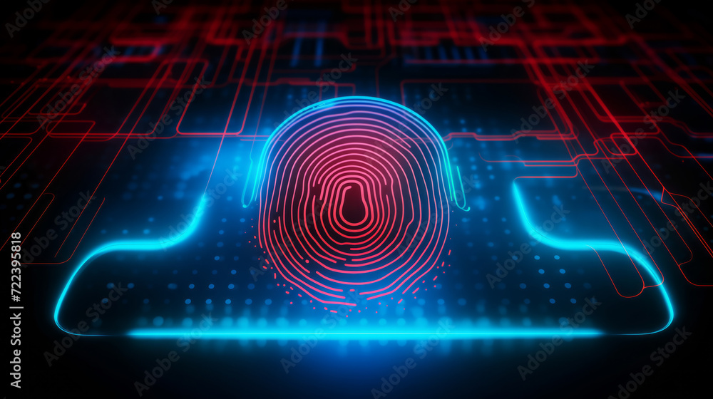 Concept Protect personal data banner. Security system with fingerprint on cyber technology neon ...