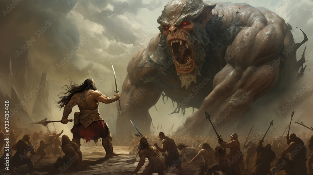 Evil giant being with red eyes fighting soldiers Stock Photo | Adobe Stock