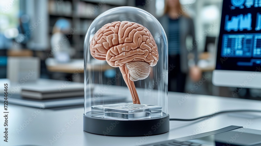 Detailed human brain model showcased under a transparent glass dome in ...