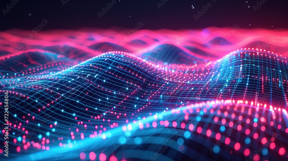 Abstract wave made out of grids that are seen from a cinematic view of ...