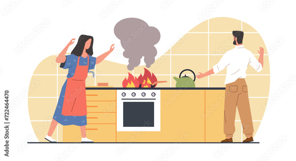 Man and woman frightened by kitchen fire. Burning with smoke oven. Dangerous accident during ...