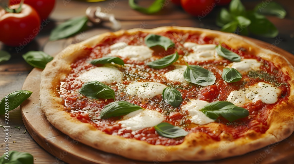 Margherita pizza with a thin, crisp crust, vibrant tomato sauce, fresh mozzarella, fragrant ...