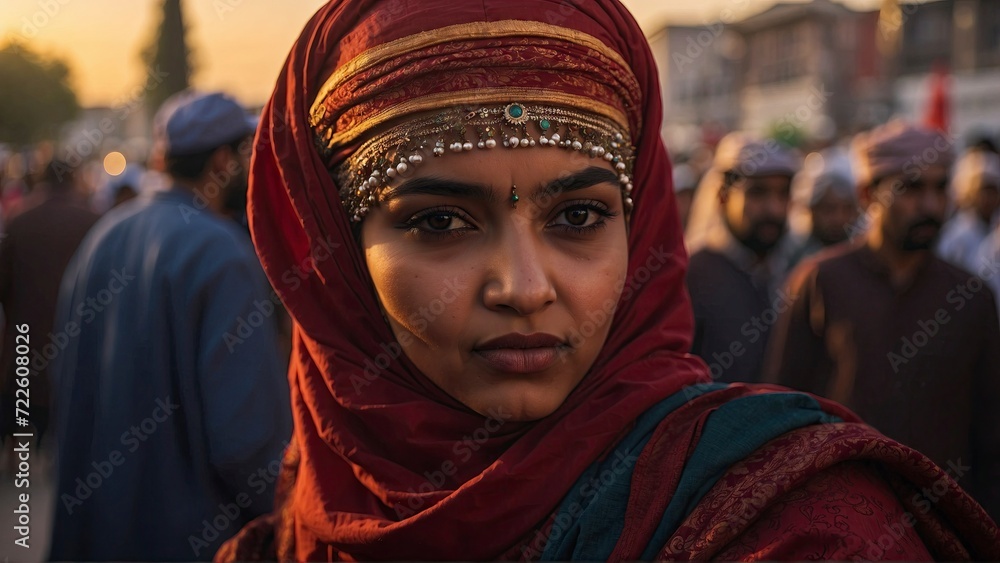KARACHI/PAKISTAN_ Pakistani muslim woman in red headscarf on the street ...