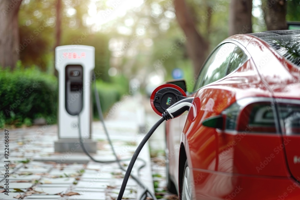 A vibrant red car sits parked in an outdoor charging station ...