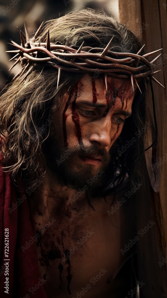 Moving portrait representation of Jesus Christ carrying a heavy wooden ...