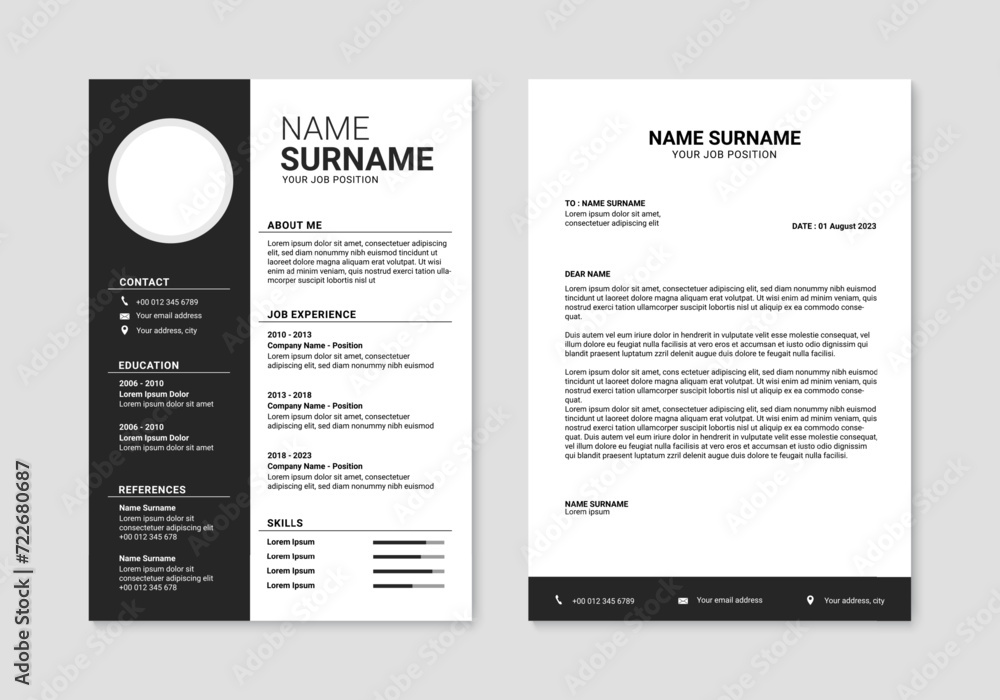Modern Resume and Cover Letter Layout design template. Minimalist CV ...