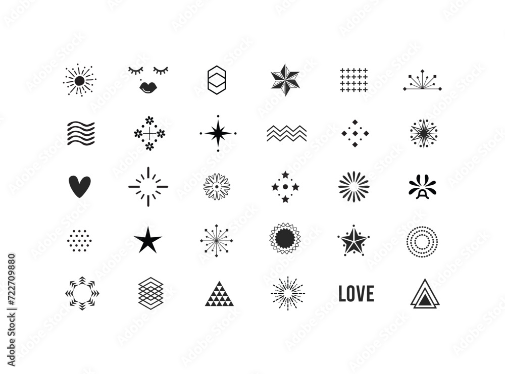 Black isolated random cute graphic emblems and different shapes ...