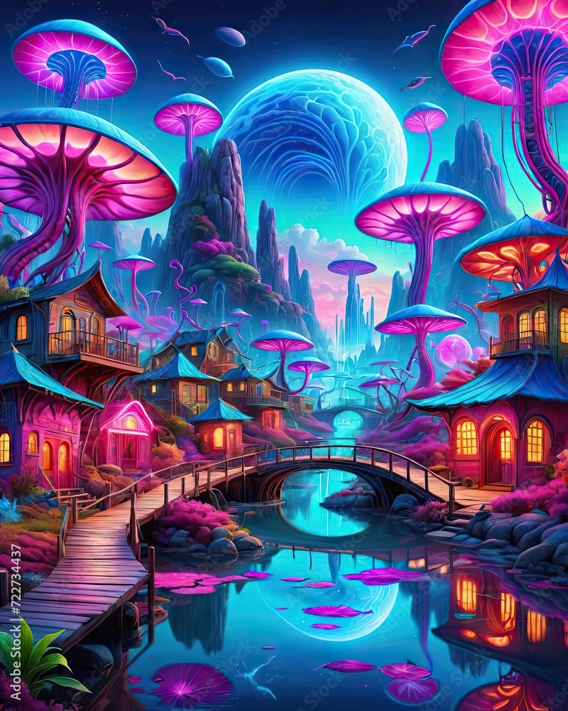 Psychedelic Cityscape - Surreal ultrarealistic landscape with diverse ...