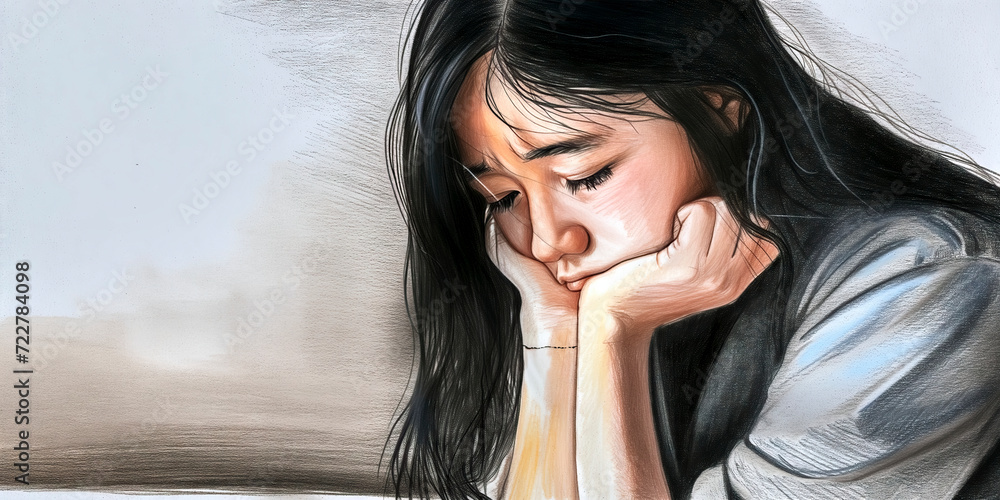 sad Asian girl with long black hair resting chin in hands and slumping ...