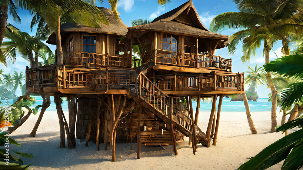a tree house sitting on top of a sandy beach, pine treehouse, beachwood ...