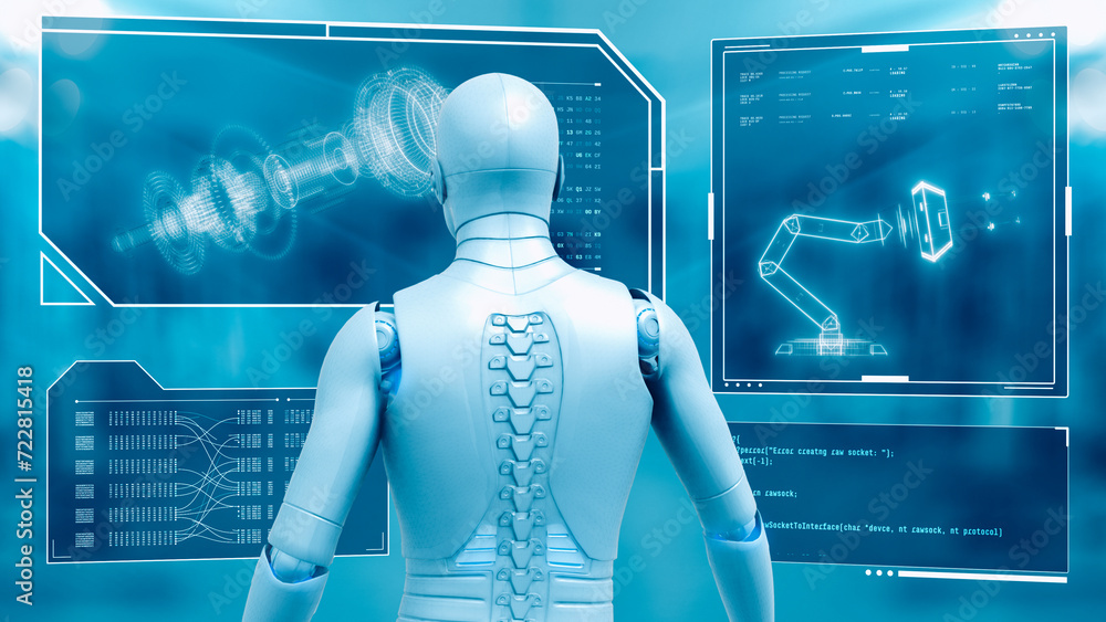 Bot humanoid with futuristic software interface, industrial automation ...
