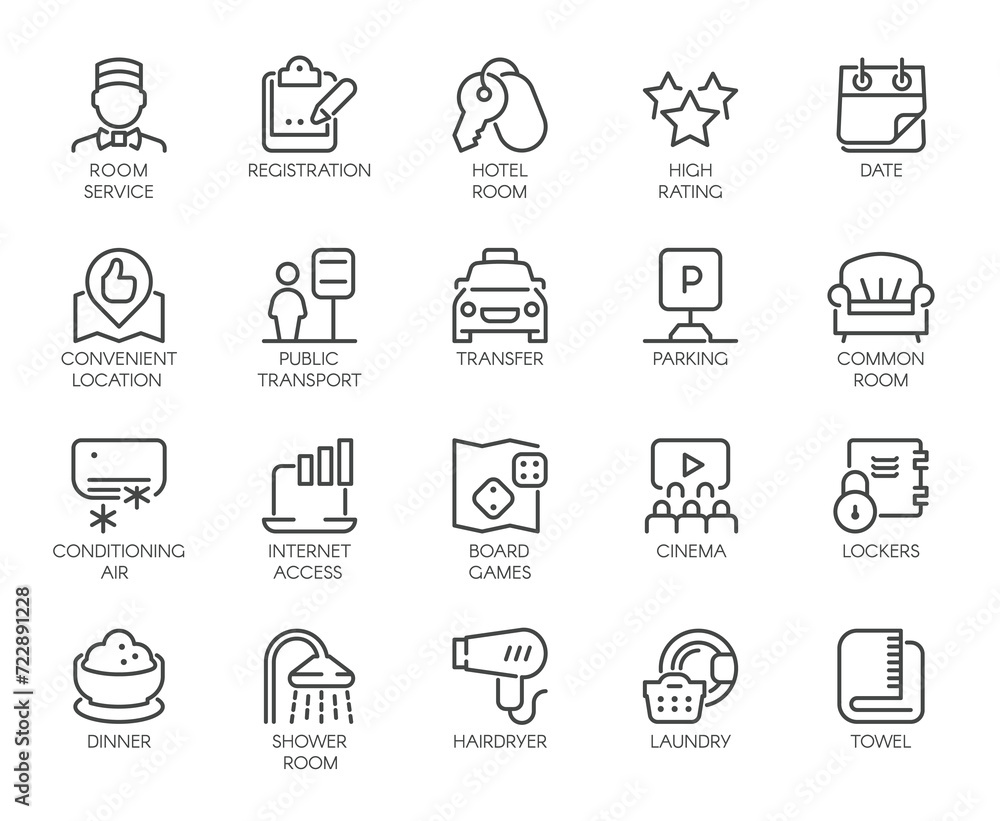 Set of 20 line icons of room service. Contour labels for hotel inn ...