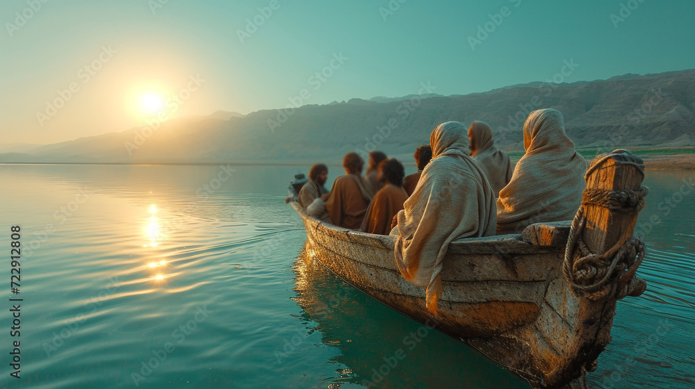 Jesus Christ with his disciples in a boat on the lake. Christian ...