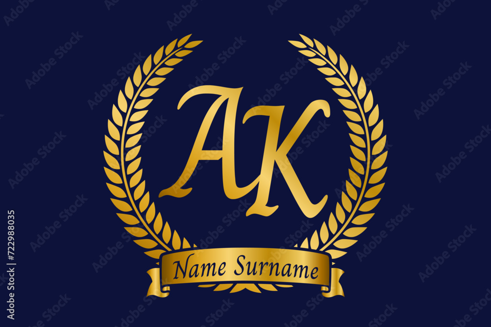 Initial letter A and K, AK monogram logo design with laurel wreath ...