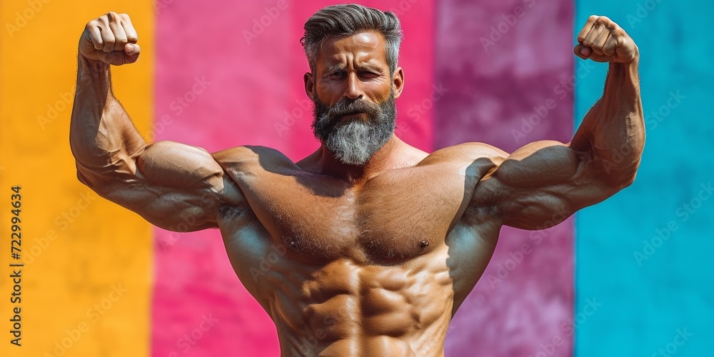 Athletic, muscular man showcases strength and fitness with a powerful ...