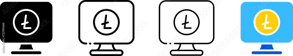 Ltc coin on monitor screen icons. Different styles, set of Litecoin ...