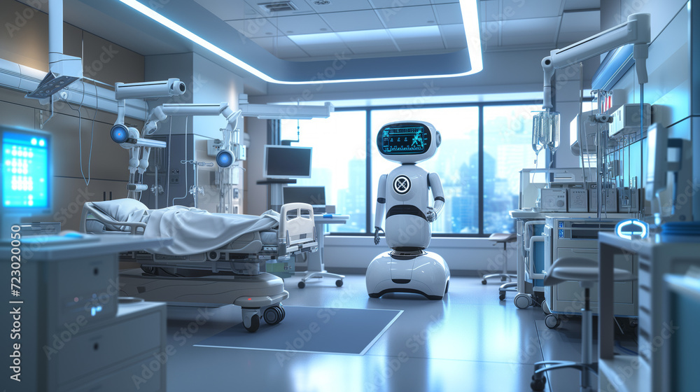 Automated Medical Caregiver. Robot with digital display in a high-tech ...