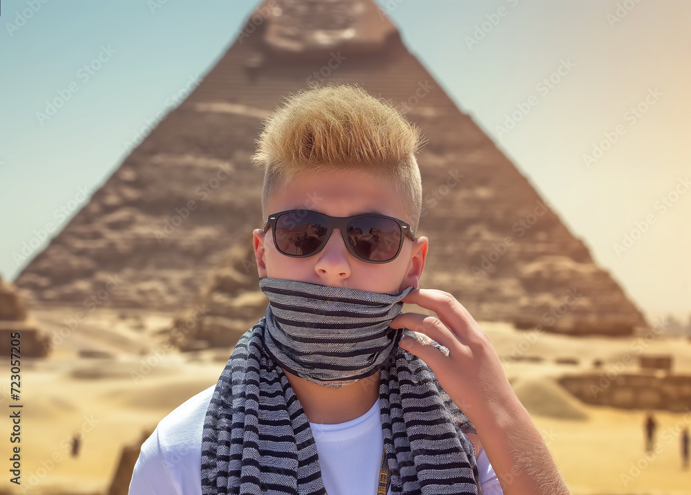 Pyramids of Giza, Egypt. A portrait of teenager tourist Stock Photo ...