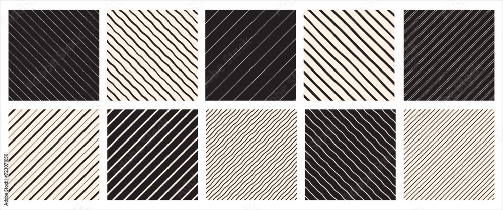 Diagonal hand drawn stripes, pinstripes, streaks seamless patterns set ...