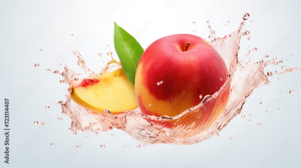 Peach in splash and swirl, minimal isolated on white background. Fresh ...
