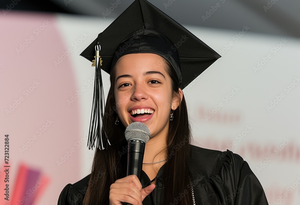 A jubilant graduate in a black cap and gown speaks into a microphone ...