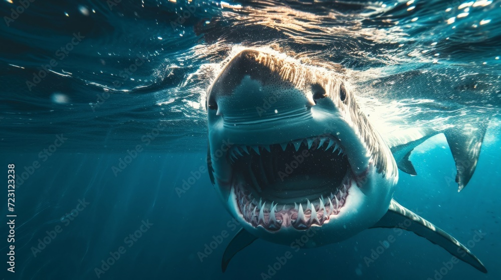 Ocean shark bottom view from below. Open toothy dangerous mouth with ...