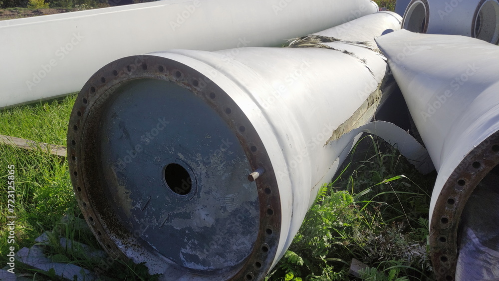 Broken cracked blades of a wind turbine closeup. Damage and repair of ...