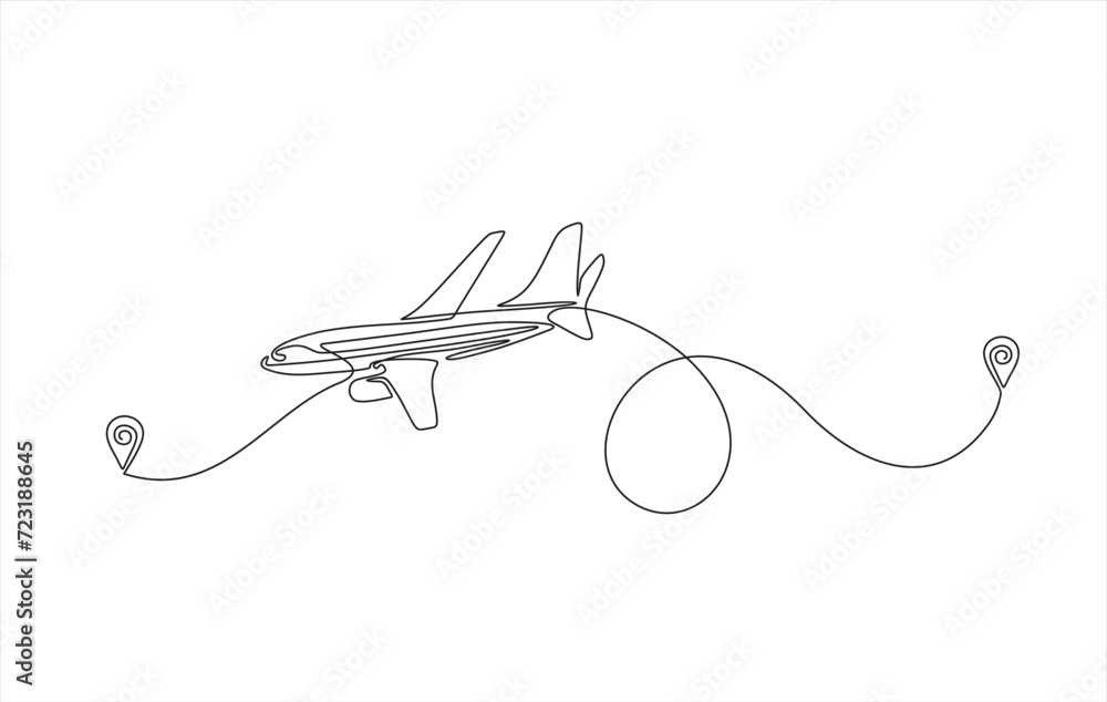 Single line drawing of airplane flight path with start point, one line ...