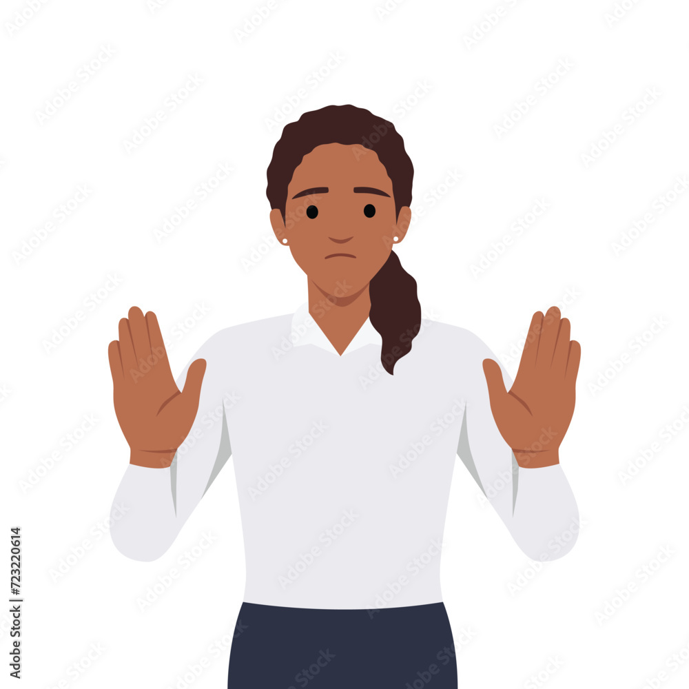 businesswoman is expressing refusal. The woman says STOP with the ...