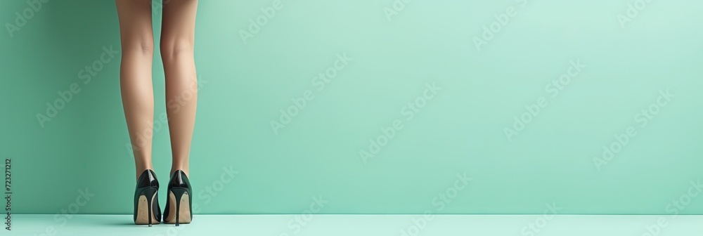 Woman's' legs wearing high heels on solid color background with copy ...