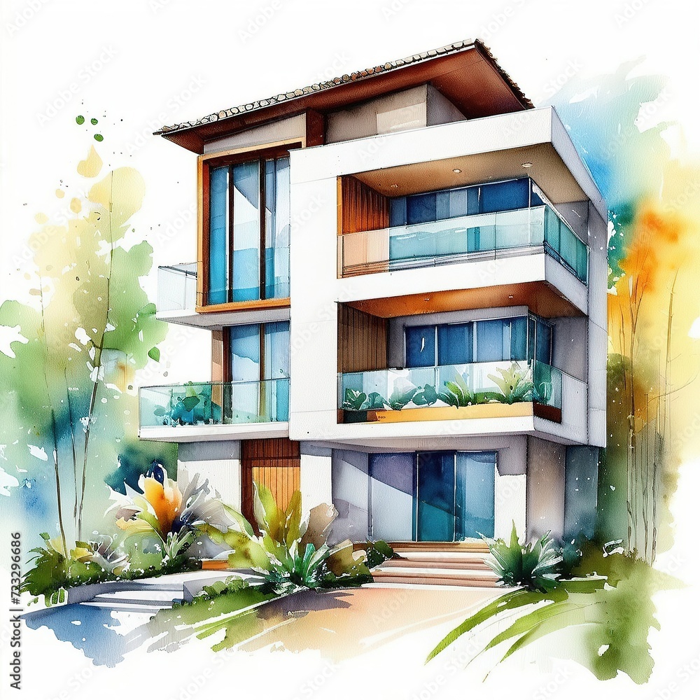 watercolor painting Details sheet minimal style, three level modern ...