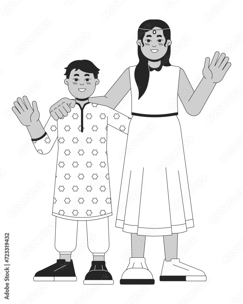 Little indian siblings black and white 2D line cartoon characters ...