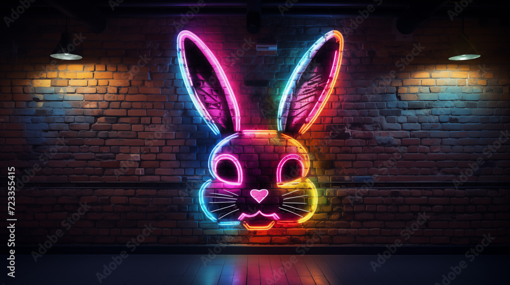 Multicolor electric neon rabbit brick wall outline background image ...