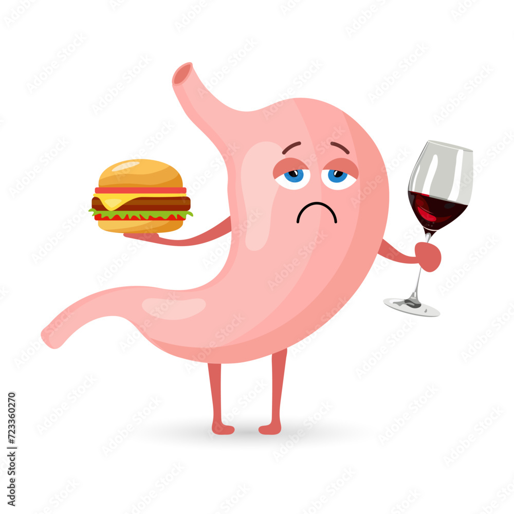 Unhealthy human stomach character is holding burger and alcohol. Food ...
