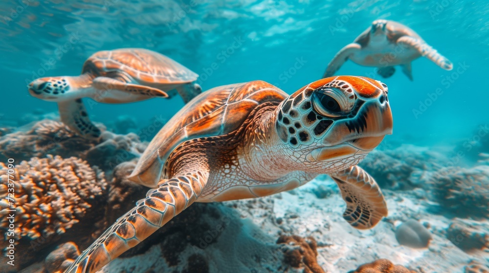 Underwater Turtles, Serene image of sea turtles swimming underwater ...