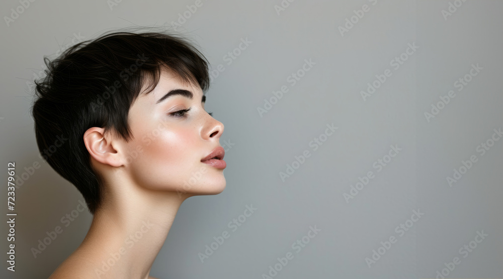 Young female model showing stylish short hairdo side view. Portrait of ...